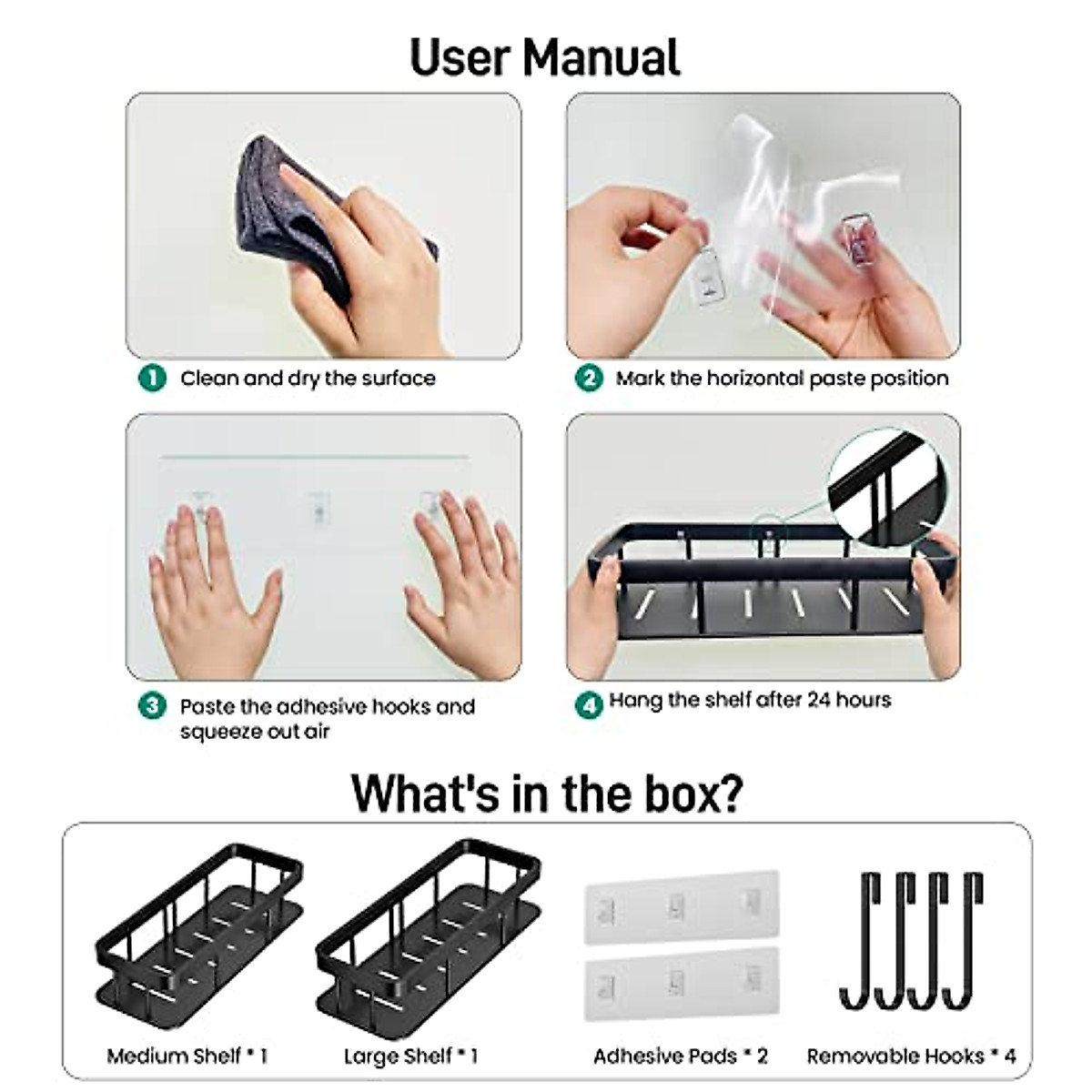 Eleulife Shower Caddy Shelf Basket, 2 Pack Shower Organizer No Drilling Adhesive Shower Storage Shelves Rack for Bathroom, Kitchen, Toilet, No Drilling, Rustproof (Black)