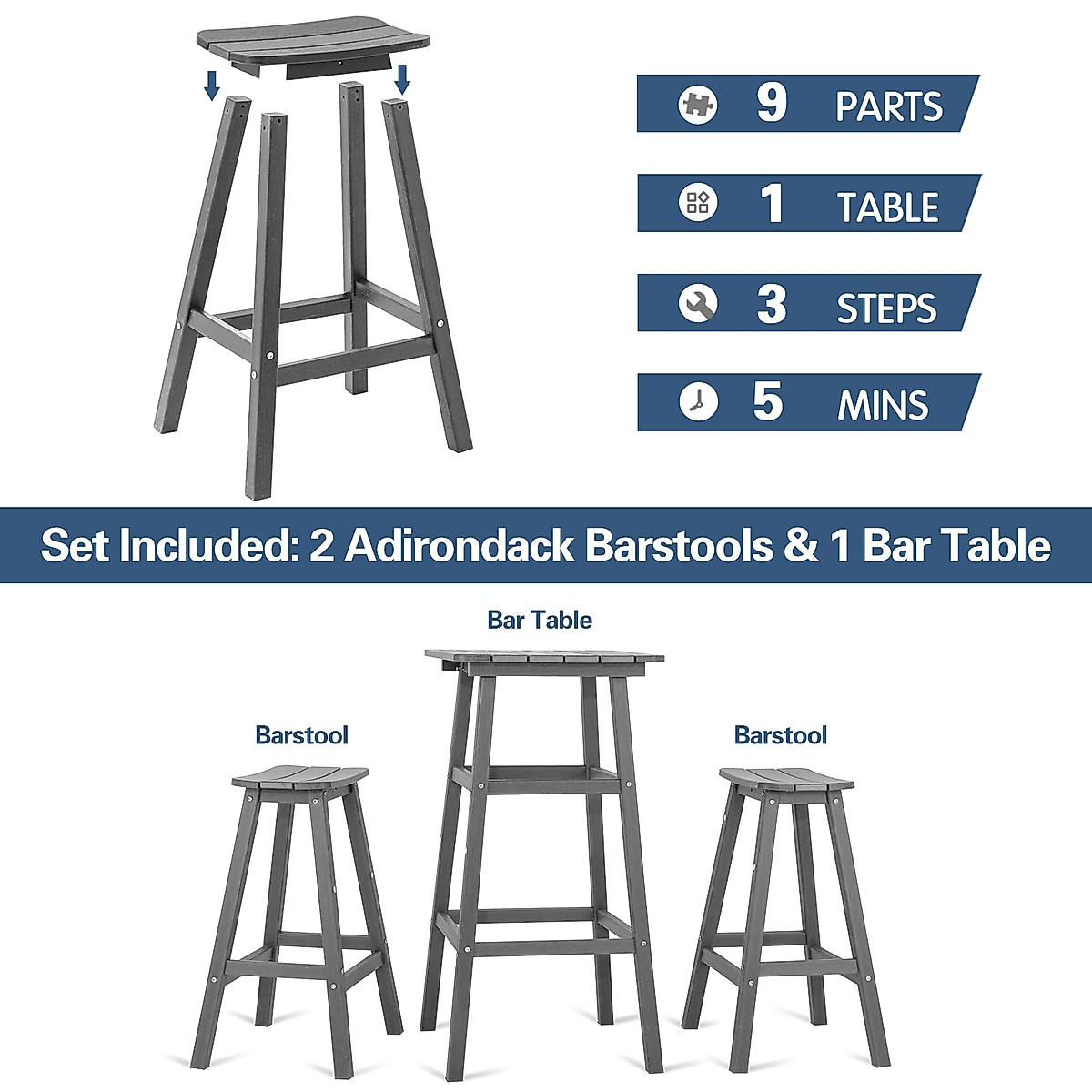 INTOBOO 3 Pcs Adirondack Outdoor Bar Table and Chairs Set, Round Bar Height Patio Set, HDPE Bar Set for Balcony, Garden, Poolside (Grey)