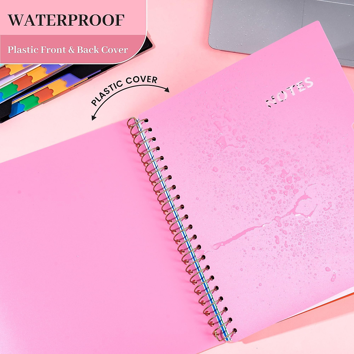 CAGIE 5 Subject Notebook College Ruled with Removable Tabs, Lined Spiral Journals Notebook for Women Men Writing, Notebooks for Work Note Taking School Supplies, A5 - Pink