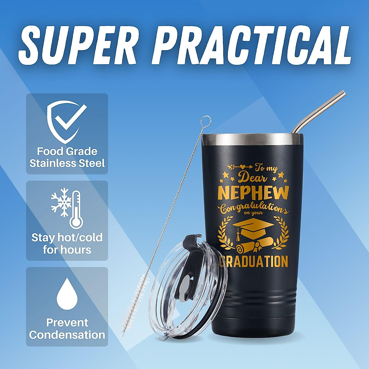 Onebttl Nephew Gifts from Aunt, Uncle, Insulated Stainless Steel Tumbler Coffee Mug with Lid and Straw, Perfect for Birthday, Christmas, 20oz/590ml - Graduation