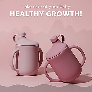 Dandat 2 Pcs Silicone Sippy Cups for Baby 6 Months+ Soft Training Cups for Babies Spill Proof Toddler Cups with Double Handles and Spout Lid Easy Grip, 5 oz (Rosy, Pink)