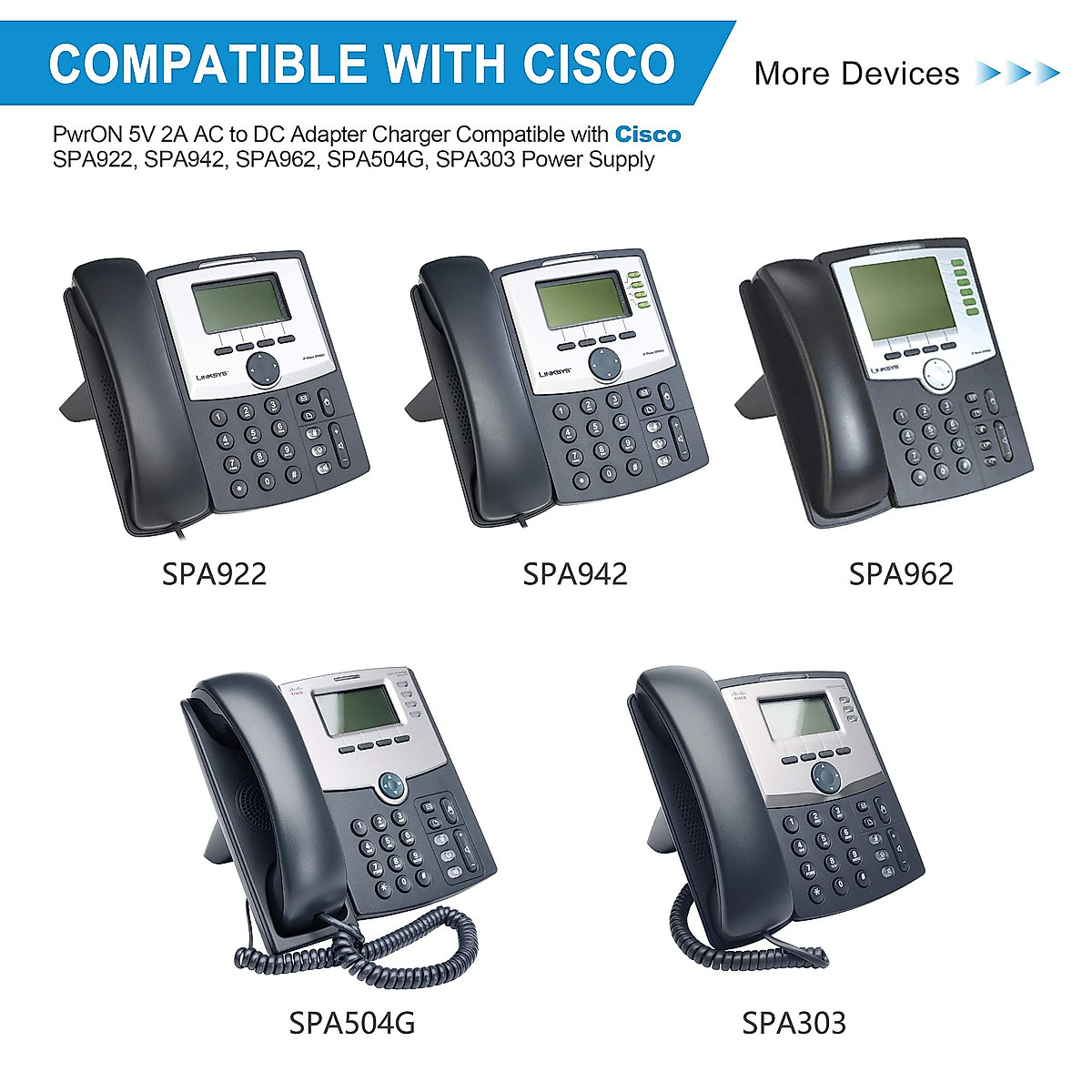 PwrON 5V Power Supply Adapter for Cisco IP Phones SPA500, 501G, 508G, CP500, SPA900, SPA504G, SPA303, SPA922, SPA942 and SPA962, Cisco SPA Series Phones Charger Power Cord