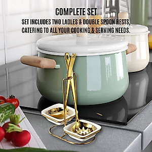 Generic Double Ceramic Spoon Holder with 2 Premium Spoons | Ladle Rests | For Kitchen Counter, Stovetop, or Chafing Dishes (Gold Double Holder w/ 2 Gold Spoons), Large