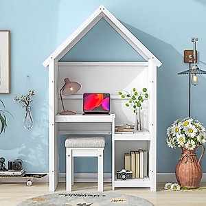 LAVHOME Kids Desk and Chair Set Wood Study Desk with Storage and Cushion Stool House Shaped Art Table for Girls Boys Children,White