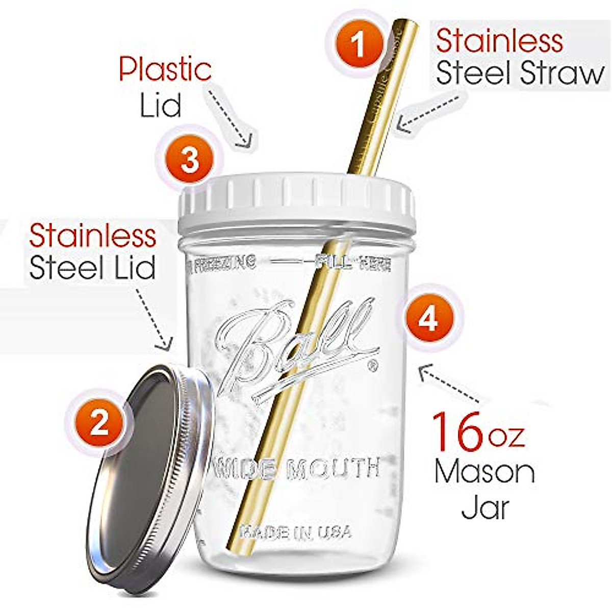Reusable Wide Mouth Smoothie Cups Boba Tea Cups Bubble Tea Cups with Lids and Gold Straws Mason Jars Glass Cups (2-pack, 16 oz mason jars) Brand Capsule Classic