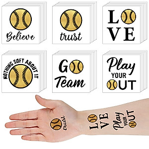 120 Pcs Softball Temporary Tattoos for Team Softball Team Gift Sports Waterproof Body Temporary Stickers Gold Softball Tattoo for Softball Team Boys Girls Fans Party Supplies, 6 Styles