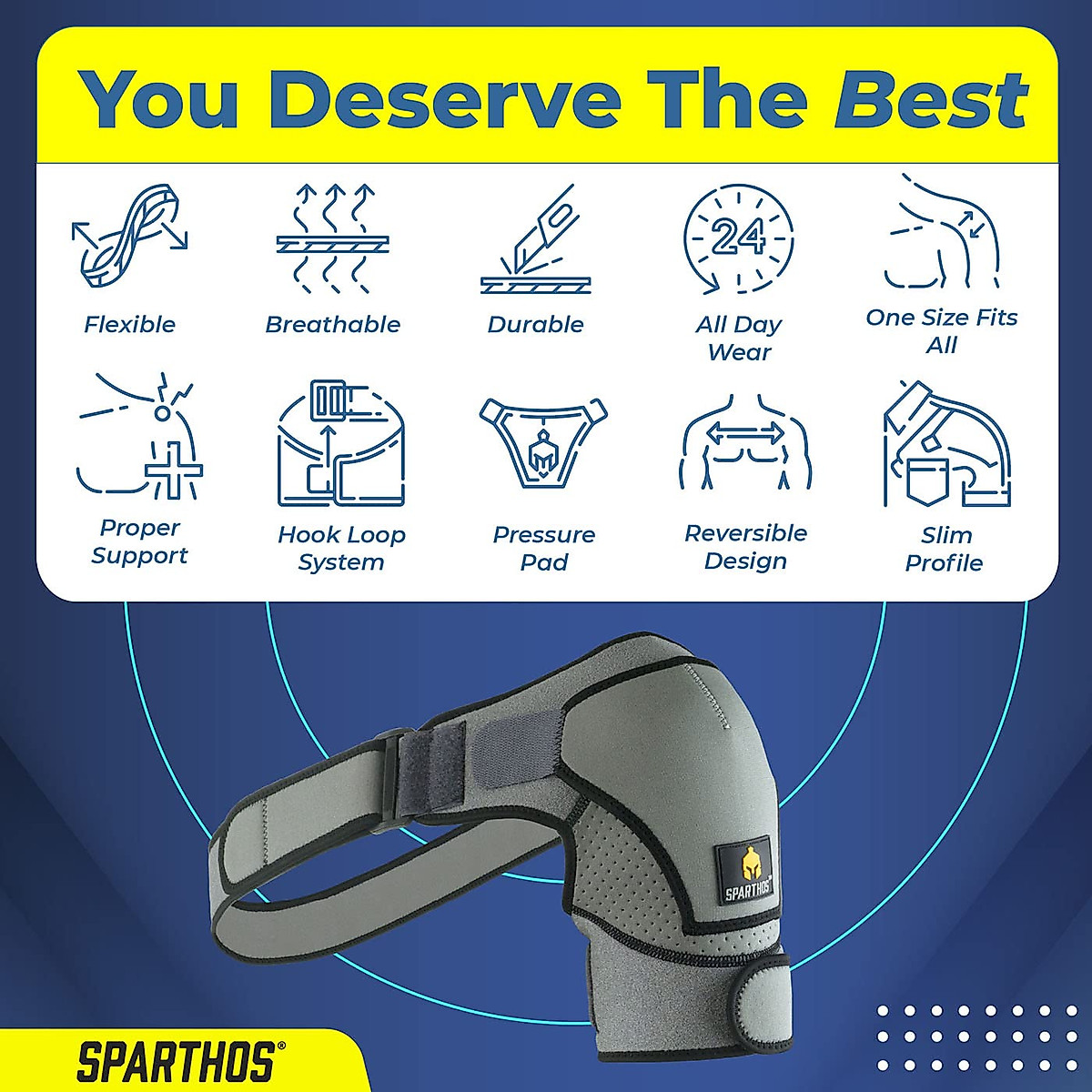 Sparthos Shoulder Brace - Support and Compression Sleeve for Torn Rotator Cuff, AC Joint Pain Relief - Arm Immobilizer Wrap, Ice Pack Pocket, Stability Strap, Dislocated Sholder - for Men and Women