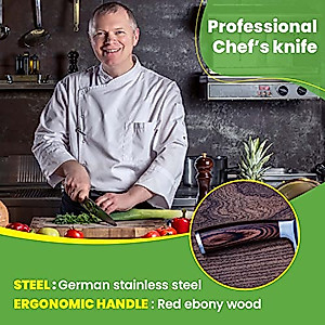 Damascus Chef Knife 8 Inch Japanese Professional 67 layer High Carbon Super Sharp Kitchen Cooking Knife, Ergonomic Ebonywood Handle With Gift Box - Anti-Rusting Forged Cutlery Knife