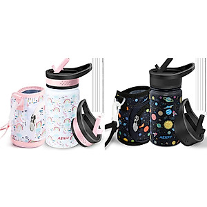 AEXPF Insulated Kids Water Bottle with Sleeve, 14 oz Double Wall Vacuum Stainless Steel Leakproof Thermos Water Bottle, Rainbow Pattern and Planet Pattern