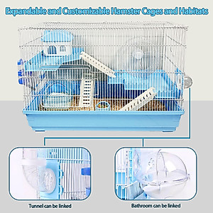 kathson Hamster Cages and Habitats Large Gerbil Cage with Accessories Hut Exercise Wheel Water Bottle Bowl Bathtub Small Animal Basic Cage for Syrian Hamster，3- Levels，22" L x 12.5" W x 14" H，Blue