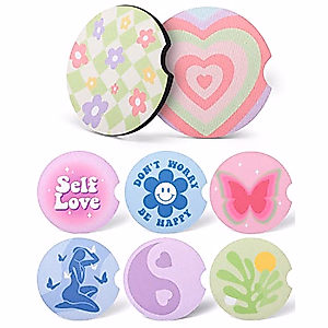 Huray Rayho 8pcs Danish Pastel Car Coasters 2.75inch Car Cup Holders Non-Slip Rubber Car Coasters with Finger Notch Drinks Coasters Aesthetic Smiling Face Flower Preppy Boho Cute Accessories for Women