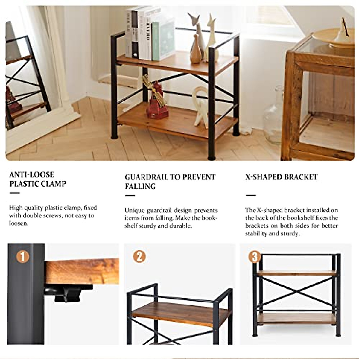 Crofy Rustic Bookshelf, 2 Tier Real Wood Bookshelf, Metal Book Shelf for Storage, Bookcase for Office Organization and Storage, 12.6 D x 23.62 W x 22.83 H Inches, Black