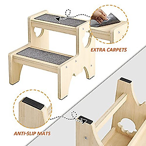 Wooden Toddler Step Stool for Kids, Bowdanie Two Step Stool Adults with 4 Non-Slip Pads and 2 Carpets, Wood Stepping Stool for Bathroom Sink, Kitchen Stools & Potty Training Bedroom Home Use (Natural)