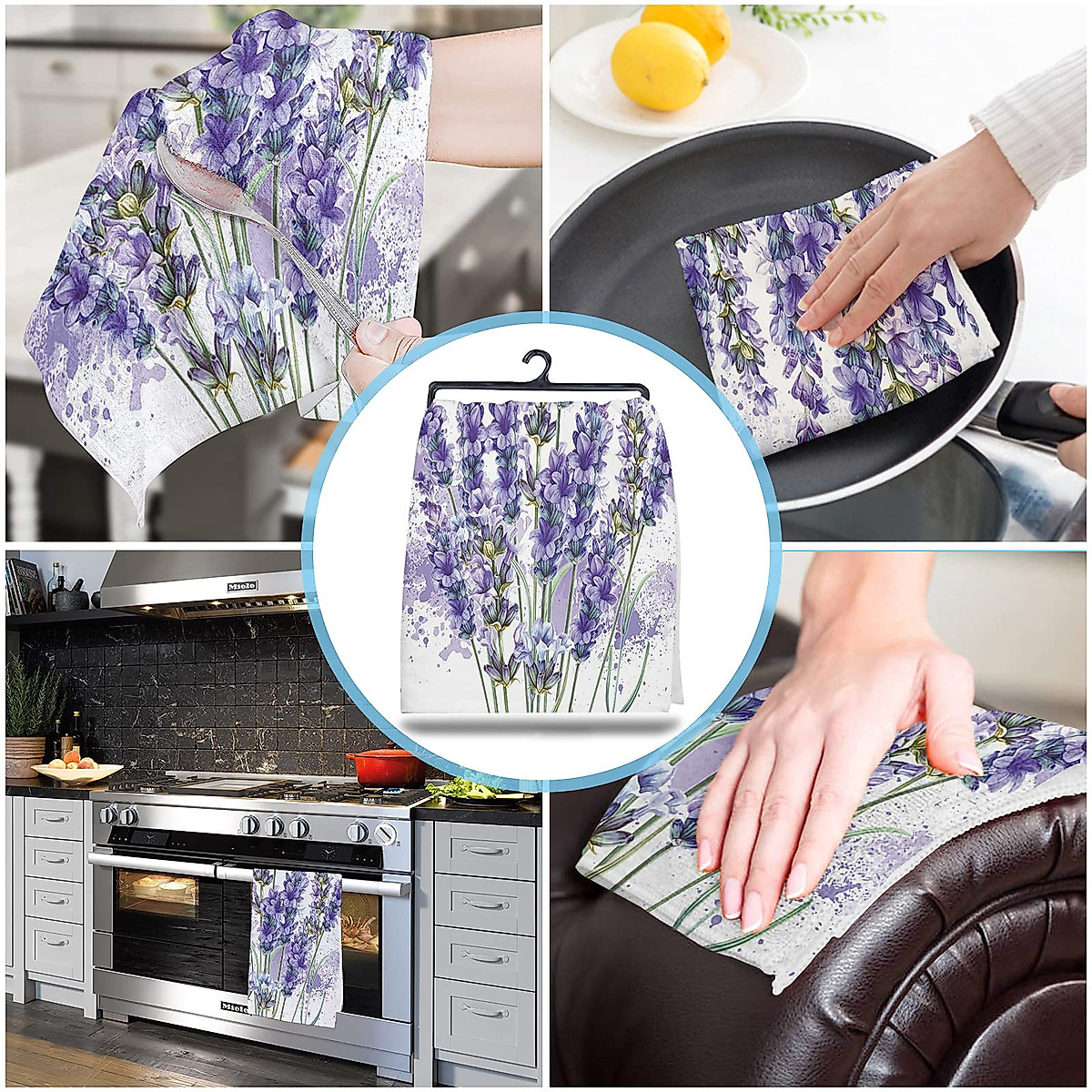 Kitchen Towels Set Lavender Flower Dish Towel Purple Floral Dragonfly Dishcloths 2 Pack, 18x28 Inches Absorbent Soft Cotton Dish Cloths Bar Towels & Tea Towels
