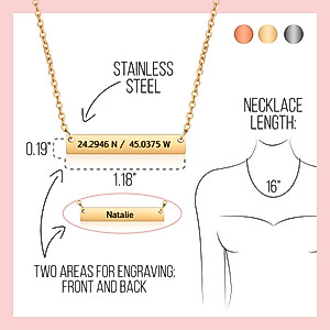 Personalized bar necklace for women, custom engraved stainless steel name plate necklace gift gold, silver and rose gold for mothers day, coordinates, dates, roman numeral, friendship, christmas