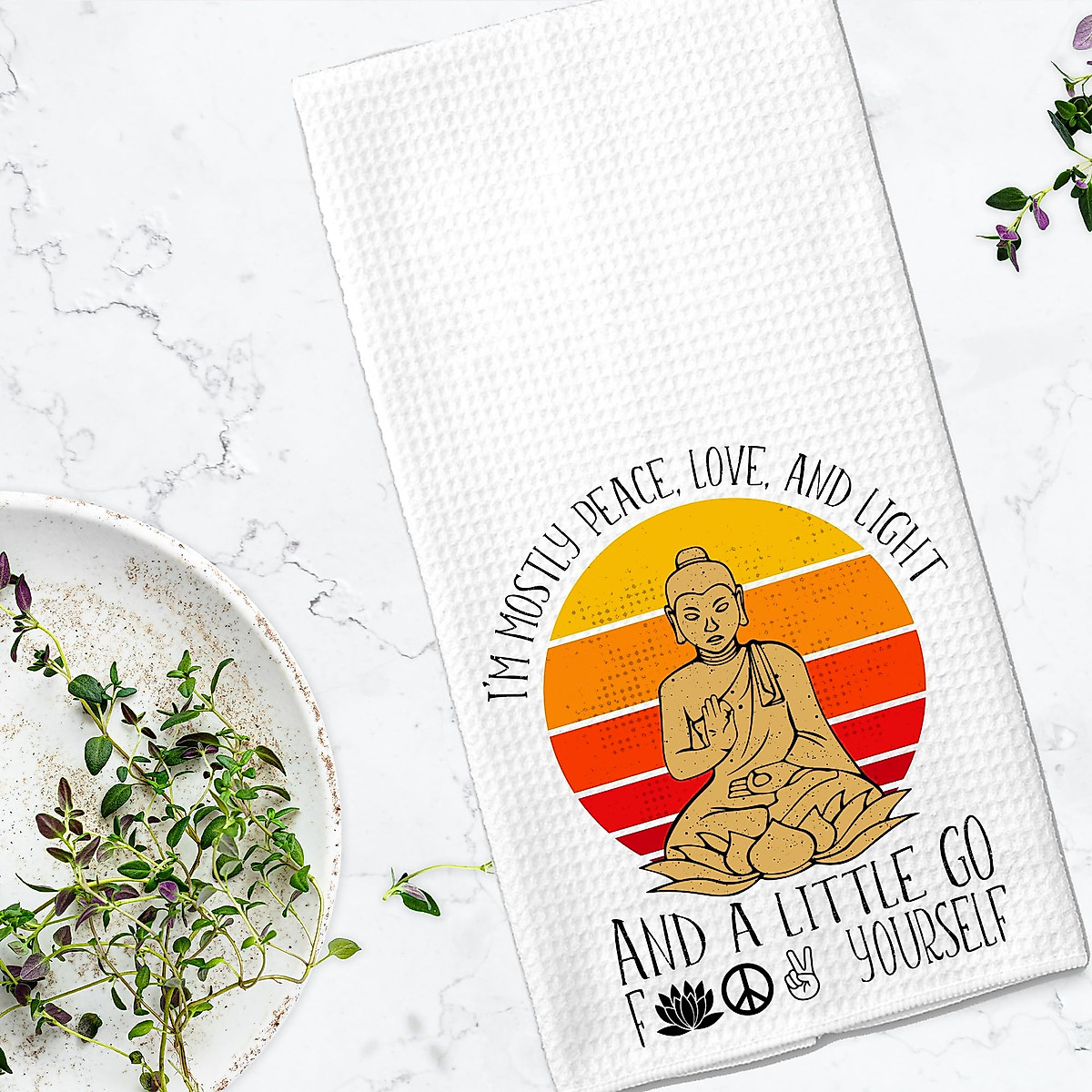 I'm Mostly Peace, Love and Light Adult Funny Retro Yoga Kitchen Tea Bar Towel Gift for Women