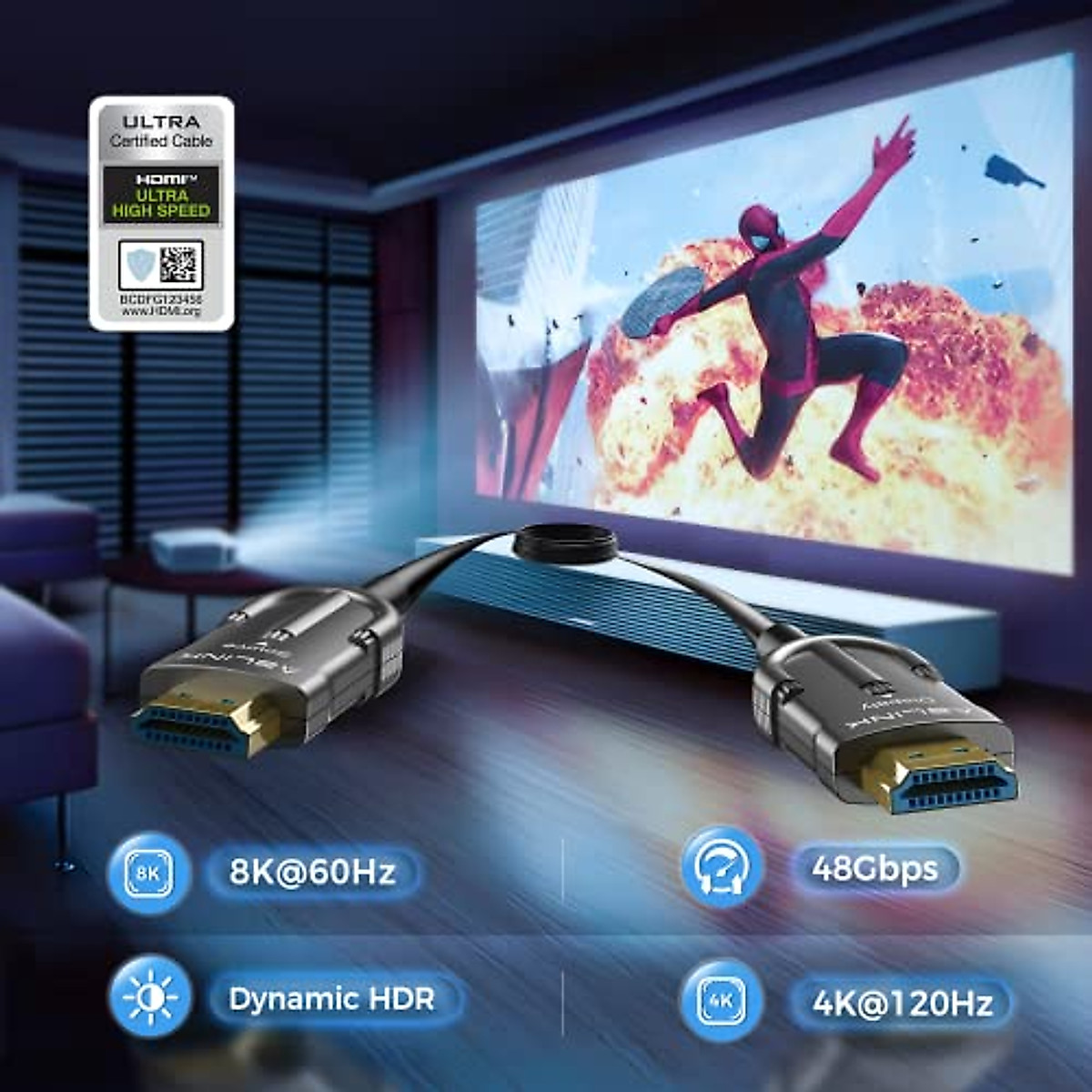 Ablink Certified 8K HDMI Cable 2.1 48Gbps 50FT, Ultra High Speed Fiber Optic HDMI Cable for HDR HDCP2.3 eARC 8K60Hz, 4K 120Hz Compatible with PC HDTV Projector, Xbox Series, in Wall CL3 rated