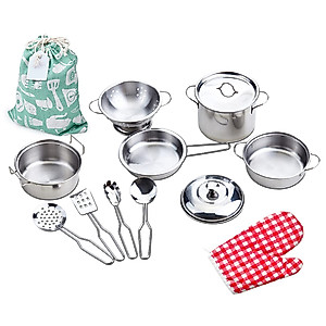 Play Pots and Pans Toys for Kids, Kitchen Playset Pretend Play Toys - Pretend Cookware Mini Stainless Steel Cooking Utensils Development Toys for Toddlers, Girls, Boys Ages 3 Years and up