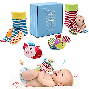 Soft Baby Rattle Toys Foot Finder Socks Wrists Rattles, Ankle Leg Hand Arm Bracelet Activity Rattle, Present Gift for Newborn Infant Babies Boy Girl Bebe 4pcs