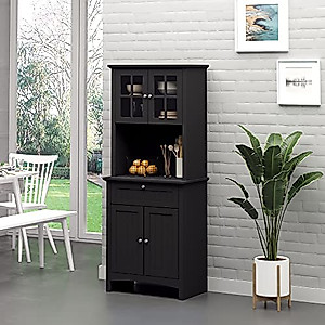 HOMCOM Elegant Buffet with Hutch, Kitchen Pantry Storage Cabinet with Framed Glass Door Drawer and Microwave Space, Black