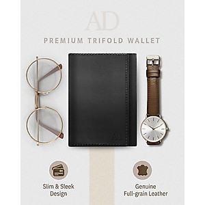 Genuine Leather Wallets For Men - Trifold Mens Wallet With ID Window RFID Blocking,Smooth Black