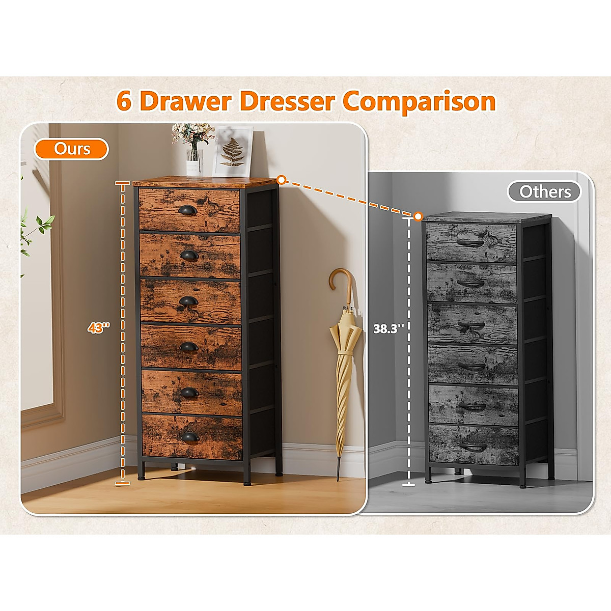 Furnulem Tall Dresser with 6 Drawers,Vertical End Table and Nightstand for Bedroom,Industrial Dorm Bedside Furniture with Fabric Storage Drawer Organizer in Living Room,Closet,Entryway(Rustic Brown)
