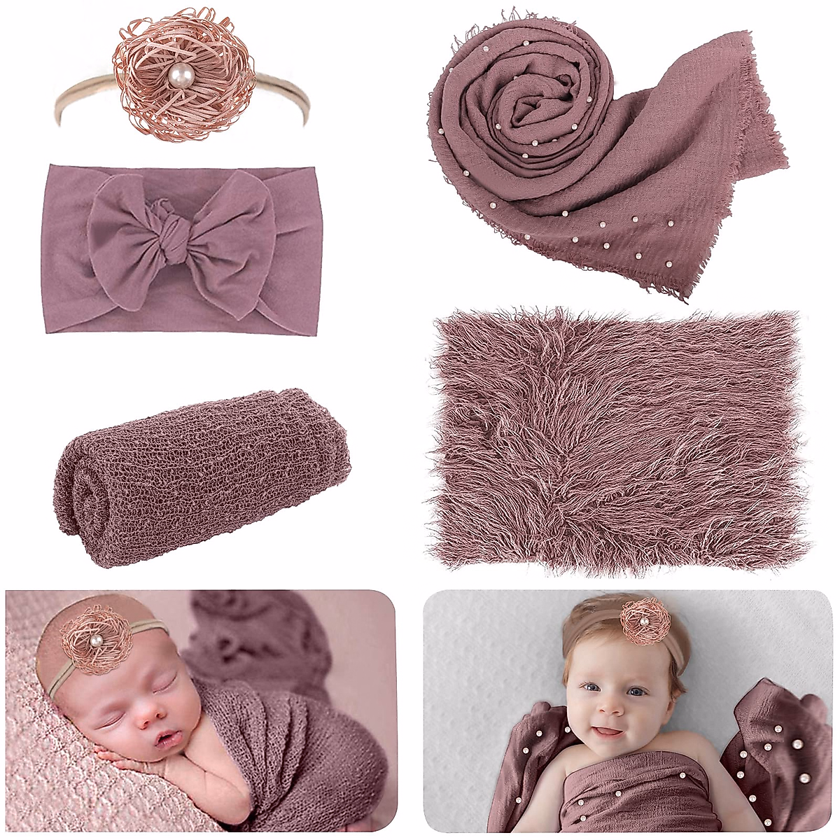 AOKE 5 PCS Newborn Photography Wrap Props Kit, Newborn Photo Props Long Ripple Wraps DIY Blanket with Flower Headbands, Purple Toddler Baby Photography Props Mat Set for Baby Boys and Girls