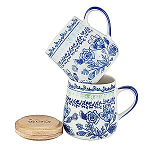 Taimei Teatime Coffee Mug with Lid, Set of 2, 16.5 oz, Ceramic Coffee Mugs with Handpainted Floral Pattern, Mugs Gift Set for Tea Lover, Woman and Couple, Microwave and Dishwasher Safe
