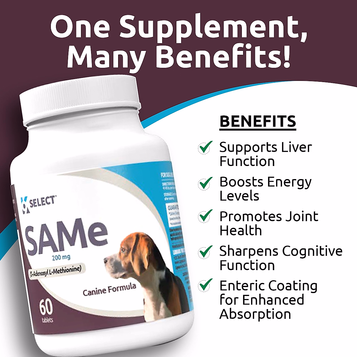 K9 Select SAM-e for Medium and Large Adult Dogs, 60 Tablets, 200mg Active S-Adenosyl L- Methionine, Cognitive and Liver Support Supplement for Dogs, Nutritional Support for Revitalisation