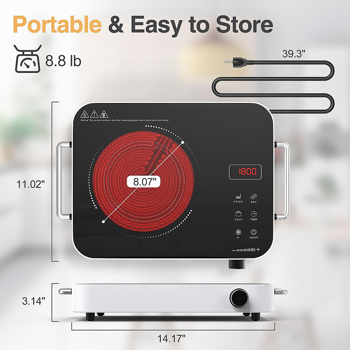 GIHETKUT Single Burner Electric Cooktop,1800W 110V Electric Stove Top with Knob Control, Portable Cooktop with 2 Handle,single burner electric stove with Double Ring Heating, 4 hours Timer