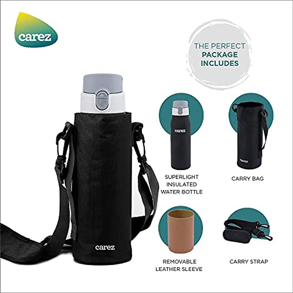 CAREZ SUPERLIGHT Insulated Stainless Steel 100% BPA-Free Leakproof Water Bottle for Office, Gym, Travels with Temperature Retention - Superlight, Anti-slippery, Vacuum Flask (Black Onyx)