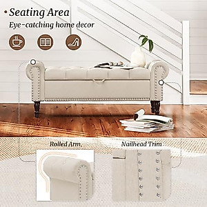 Cozyman Storage Bench, 50” Queen Linen Tufted Button End of Bed Bench with Rolled Arm and Nailhead Trim, Upholstered Bedroom Bench, Ottoman Bench for End of Bed, Living room, Entryway, Linen Color