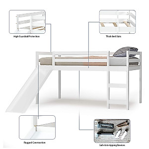 Costzon Twin Loft Bunk Bed, Solid Wood Kids Bed w/Slide, Built-in Ladder, Guard Rail & Storage Space, Low Bunk Bed Frame for Boys Girls Bedroom (White)