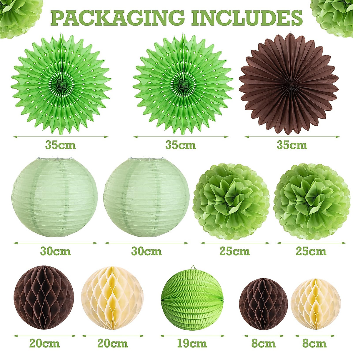 12Pcs Green and Brown Party Decorations Paper Tissue Pom Poms Honeycomb Balls Paper Fans Hanging Deco Green Lanterns for Jungle Safari Summer Birthday Wedding Party