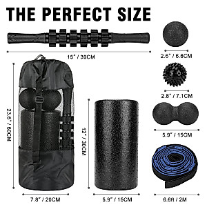 Foam Roller Set - High Density Back Roller, Muscle Roller Stick,2 Foot Fasciitis Ball, Stretching Strap, Peanut Massage Ball for Whole Body Physical Therapy & Exercise, Back Pain, Leg, Deep Tissue
