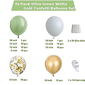 Olive Green Balloon Garland Arch Kit, White Gold Confetti Balloons Green Balloon and Gold Metallic Chrome Latex Balloons Set for Wedding Birthday Party Baby Shower Party Background Decoration