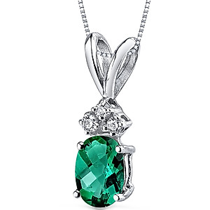 PEORA Created Emerald with Genuine Diamonds Pendant in 14 Karat White Gold, Dainty Solitaire, Oval Shape, 7x5mm