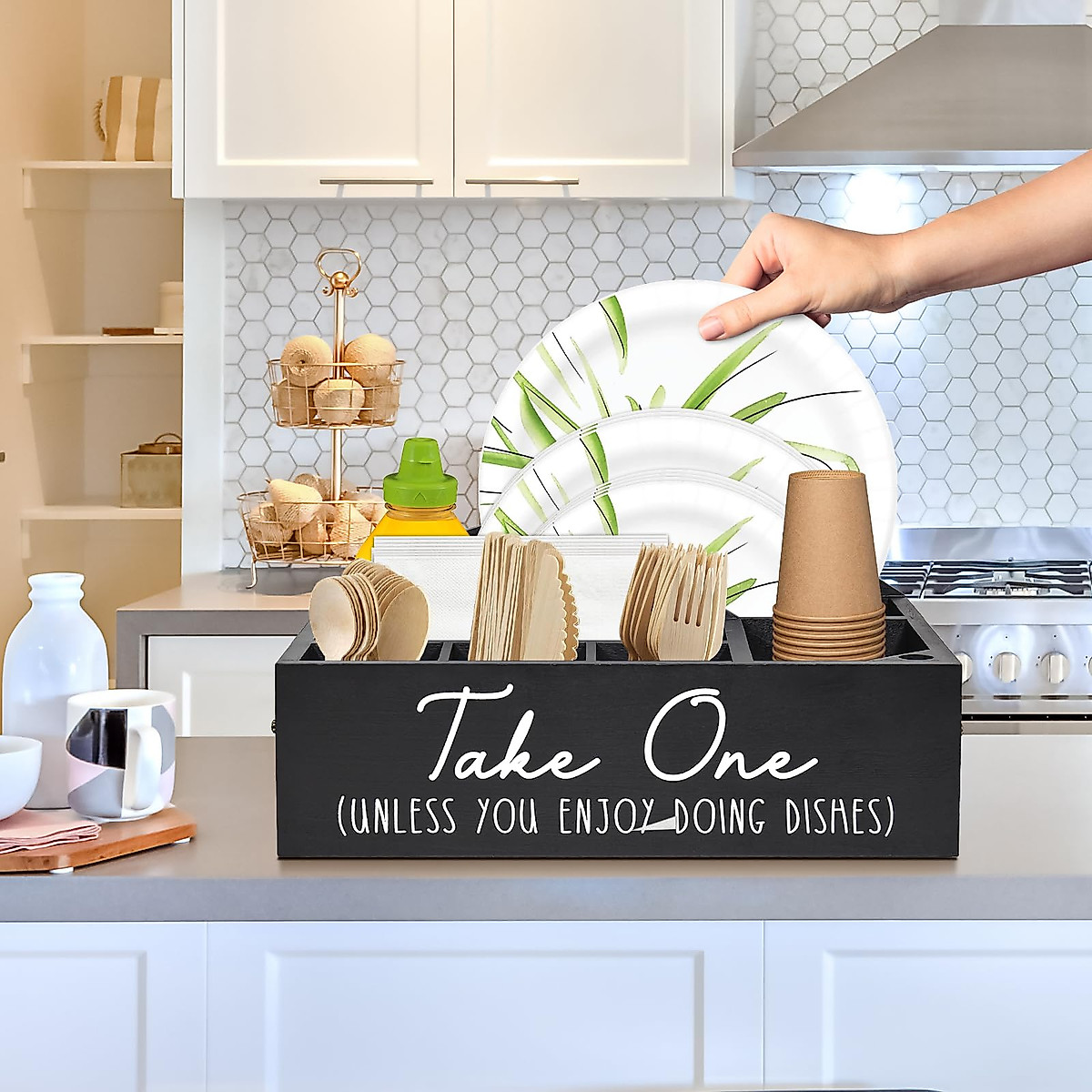 Paper Plate Holder, Paper Plate Dispenser for Kitchen Counter, Wood Cutlery Flatware Organizer Box for Party, Picnic BBQ, Wood Silverware Holder Utensil Caddy for Plate, Cup, Fork, Spoon Napkin(Black)