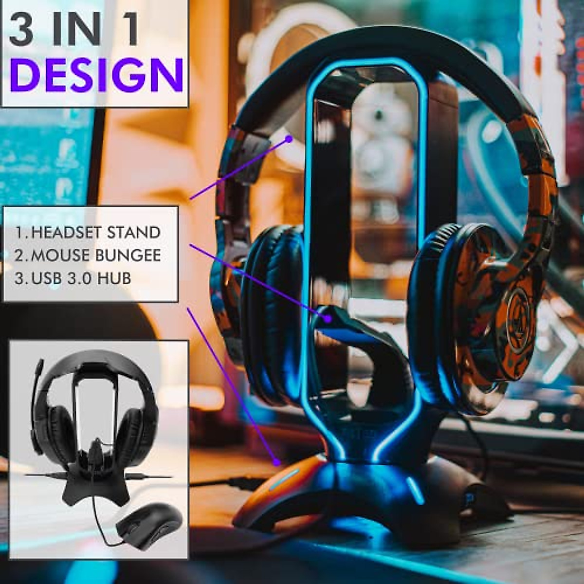 Tilted Nation RGB Headset Stand and Gaming Headphone Stand for Desk Display with Mouse Bungee Cord Holder - Gaming Headset Holder with USB 3.0 Hub for Xbox, PS4, PC - Perfect Gaming Accessories Gift