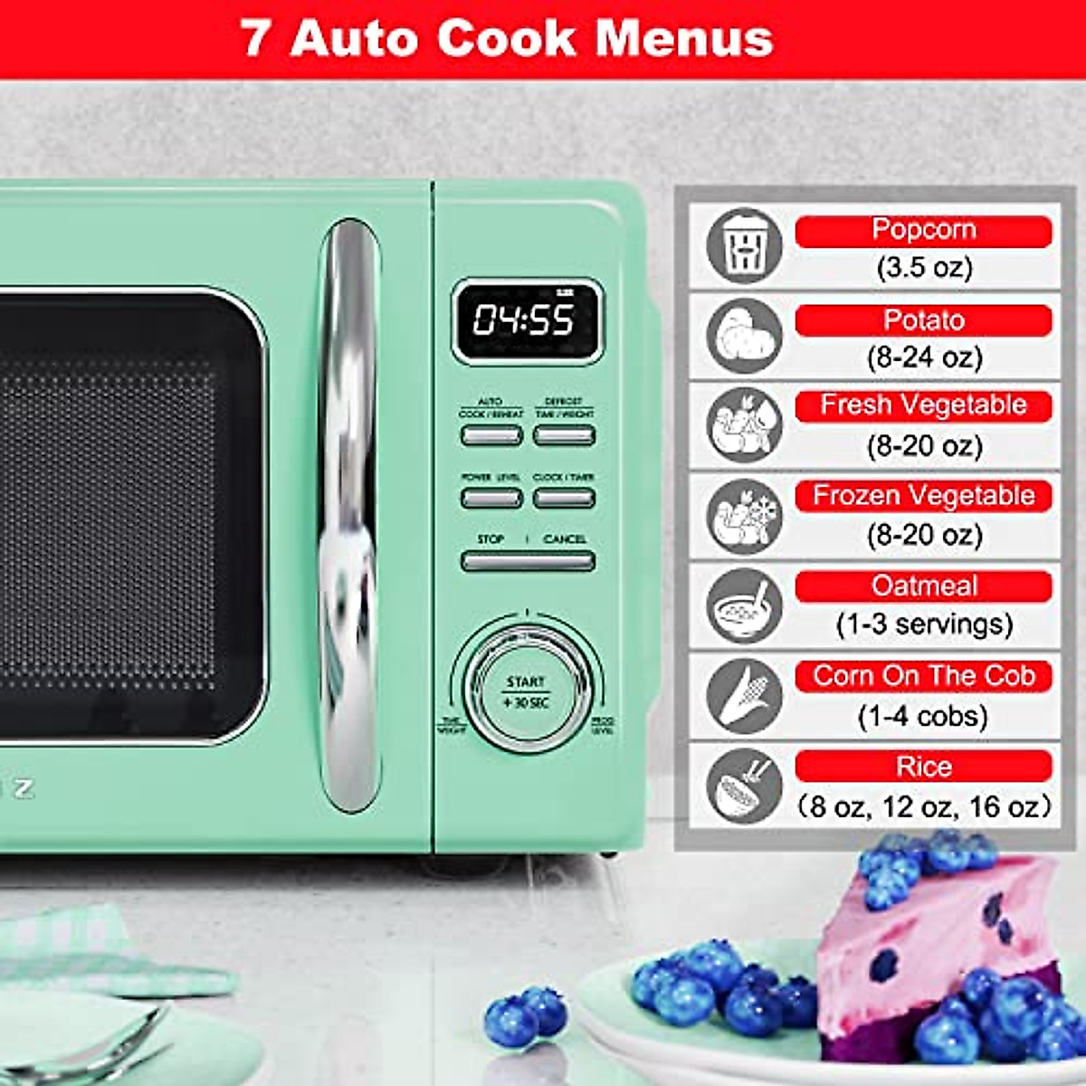 Galanz GLCMKZ09GNR09 Retro Countertop Microwave Oven with Auto Cook & Reheat, Defrost, Quick Start Functions, Easy Clean with Glass Turntable, Pull Handle.9 cu ft, Green