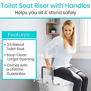 Vive Toilet Seat Risers for Seniors (Raised with Handles) Grab Bar Seat for Seniors - Options for Elongated & Standard Bowls - Elderly Handicap Medical Hip Replacement Surgery Lift, Easy Clean, White