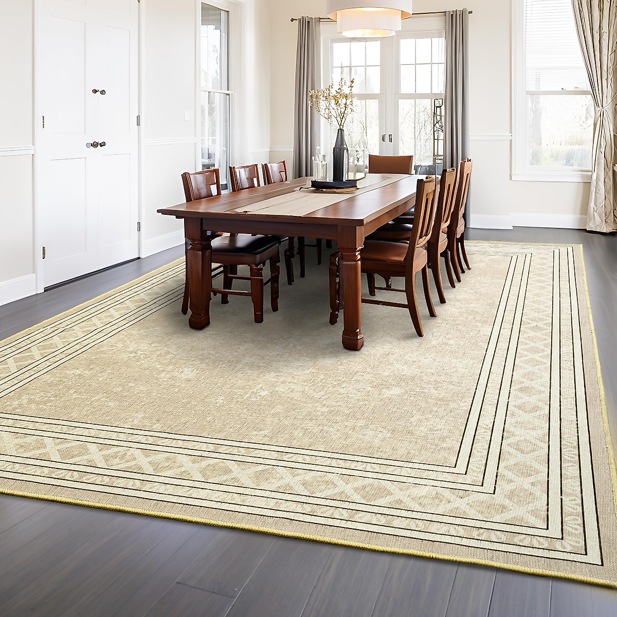 Tepook Modern Bordered 4x6 Area Rugs for Bedroom Aesthetic, Indoor Machine Washable Rugs for Living Room, Low Pile Throw Rugs with Rubber Backing for Office Dining Room Kitchen, Beige
