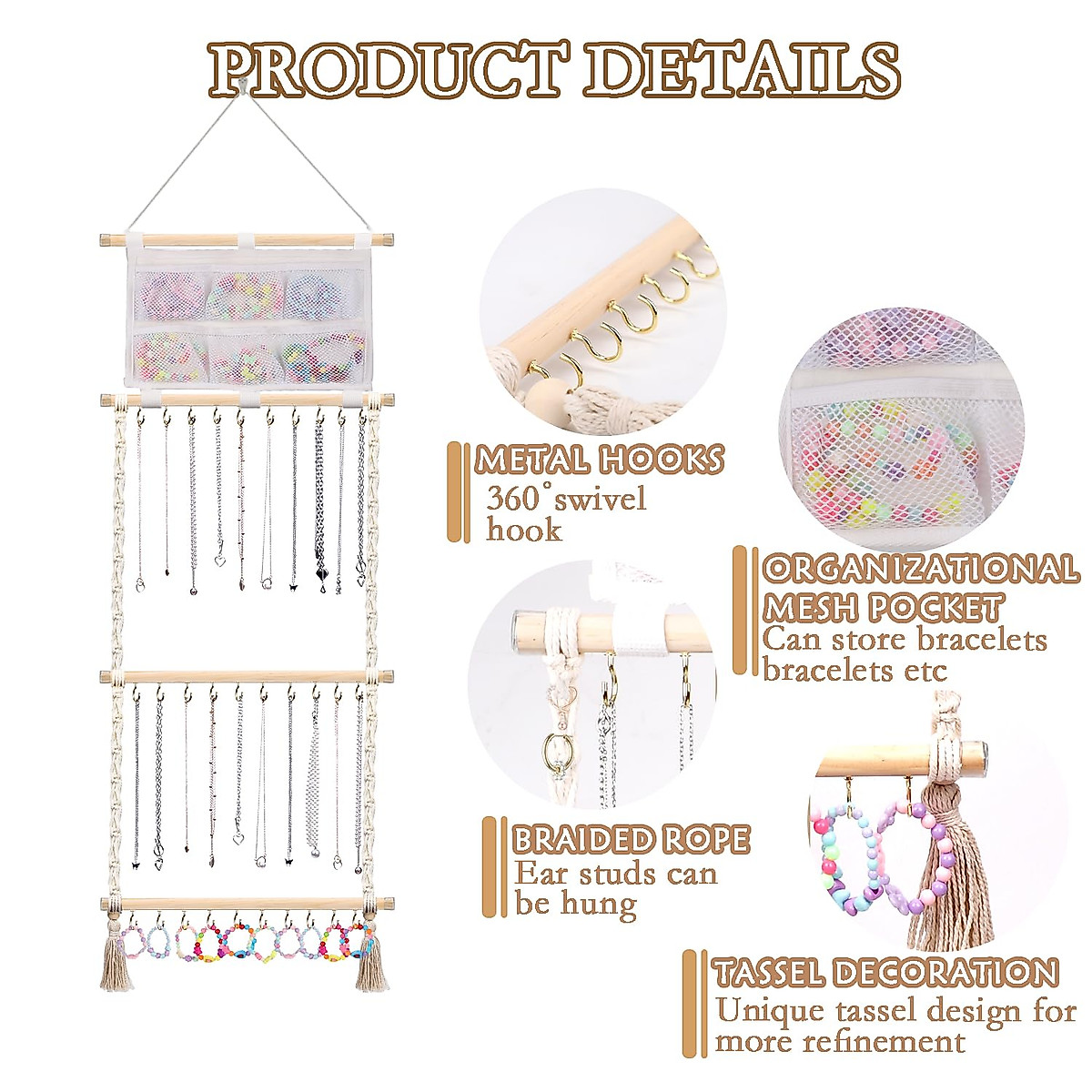 Lilcolat Hanging Jewelry Organizer Macrame Necklace Holder with 30 Hooks Wall Mounted Jewelry Hanger Over Door Necklace Rack with Tassel for Necklaces Bracelet Earrings Display Headband Bow Organizer