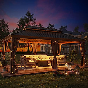 GAZEBEST 12' X 20' Permanent Hardtop Gazebo, Outdoor Galvanized Steel Double Roof Pavilion Canopy with Wood-Grain Coated Aluminum Frame and Privacy Curtains for Garden Patio,Backyard,Deck and Lawns