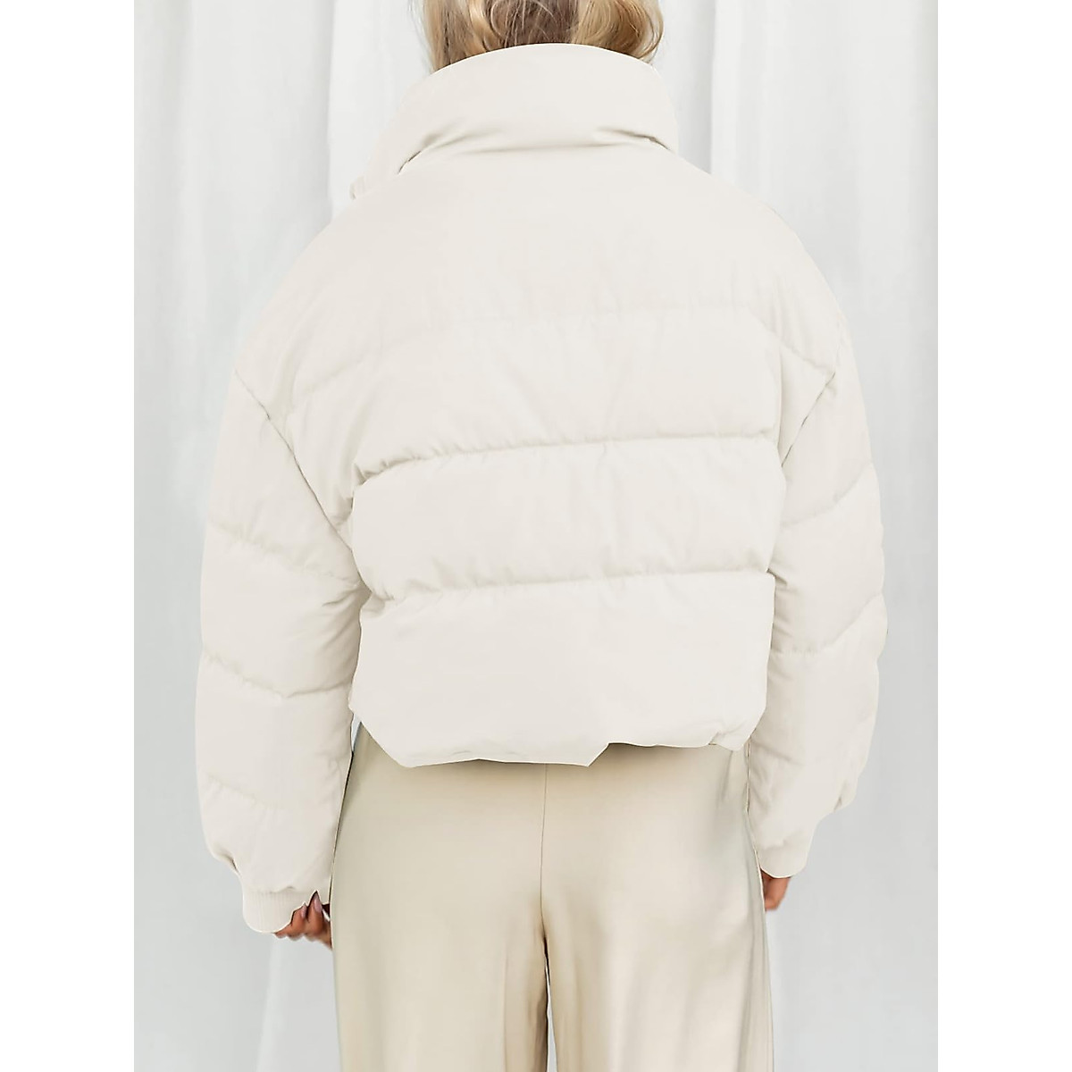 MEROKEETY Women's Winter Cropped Puffer Jacket Long Sleeve Oversized Stand Collar Zip-Up Short Coat