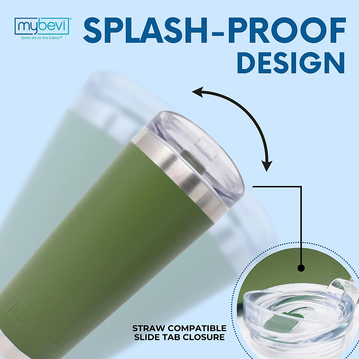MyBevi Classic Premium Stainless Steel Tumbler with 12-Hour Temperature Control, Tritan Lid, and BPA-Free Construction | Army Green, 26 oz