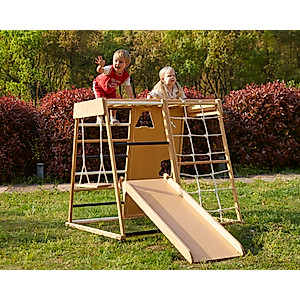 Hopscotch Squad Activity Indoor Kids Playground Jungle Climbing Gym, Toddlers Wooden 9-in-1 Play Set Climber