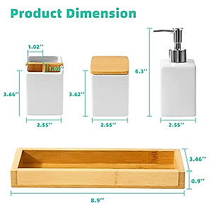 VITVITI Bamboo Bathroom Accessories, White Bathroom Organizer Countertop, Soap Dispenser and Toothbrush Holder Set, Vanity Tray for Bathroom, 4 Pieces Ceramics Decor