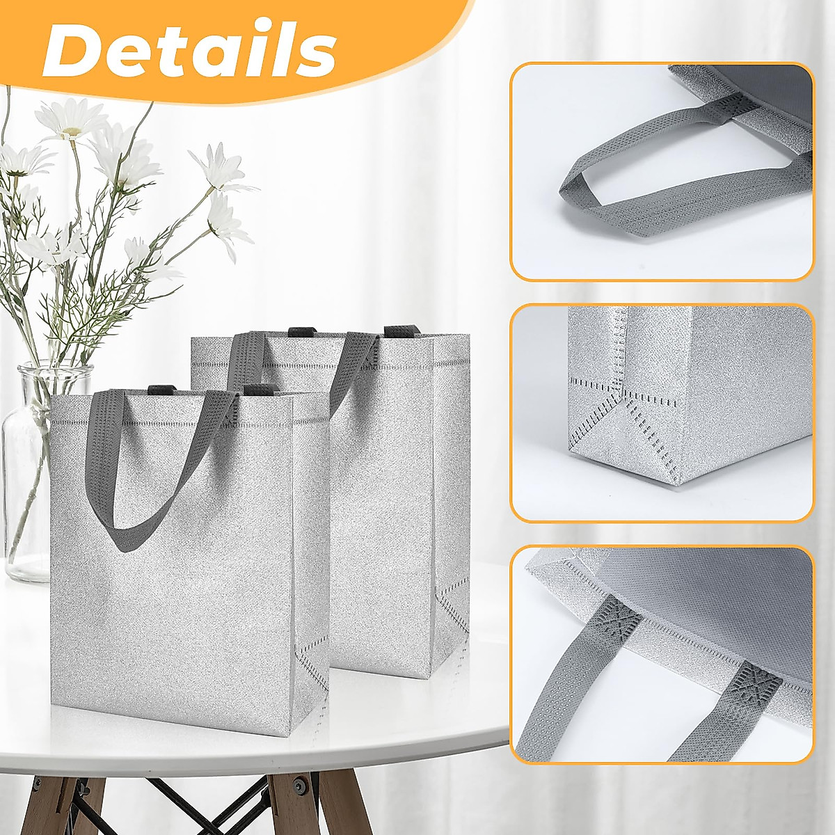 ISUSSER 25 Pack Silver Reusable Gift Bags Metallic Tote with Handles Bling Non Woven Bags for Shopping Birthday Party Wedding, 7.9 x 3.9 x 9.8 Inch