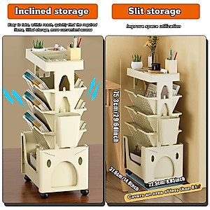 AVSMGP 5-Tier Movable Bookshelf, Rolling Utility Cart Space Saving Standing Shelf Unit Storage Rack Organizer, Multi-Functional Movable Storage Book Shelves for Study Office Kitchen Classroom,Pink